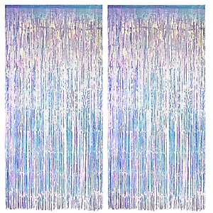 Iridescent Party Streamers Backdrop - GREATRIL Neon Transparent Holographic Tinsel Foil Fringe Curtain for Mermaid/Frozen/Sea/Euphoria/ERAS Party Theme Decorations 2 PCS