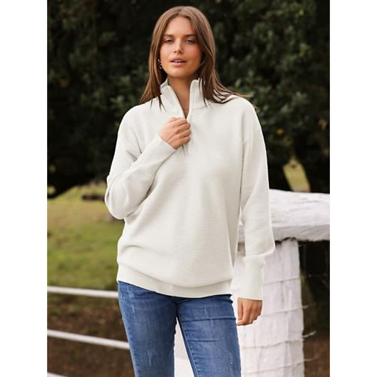 DEEP SELF Women's Pullover Sweaters 1/4 Zip Long Sleeve V Neck Stand Collared Casual Fall Sweater (Solid White, Small)