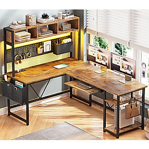 SEDETA L Shaped Gaming Desk with Hutch, 57.5” Reversible Corner Computer Desk with Storage Shelves, Gaming Desk with Pegboard, LED Lights, Power Outlet, Keyboard Tray (Rustic Brown)