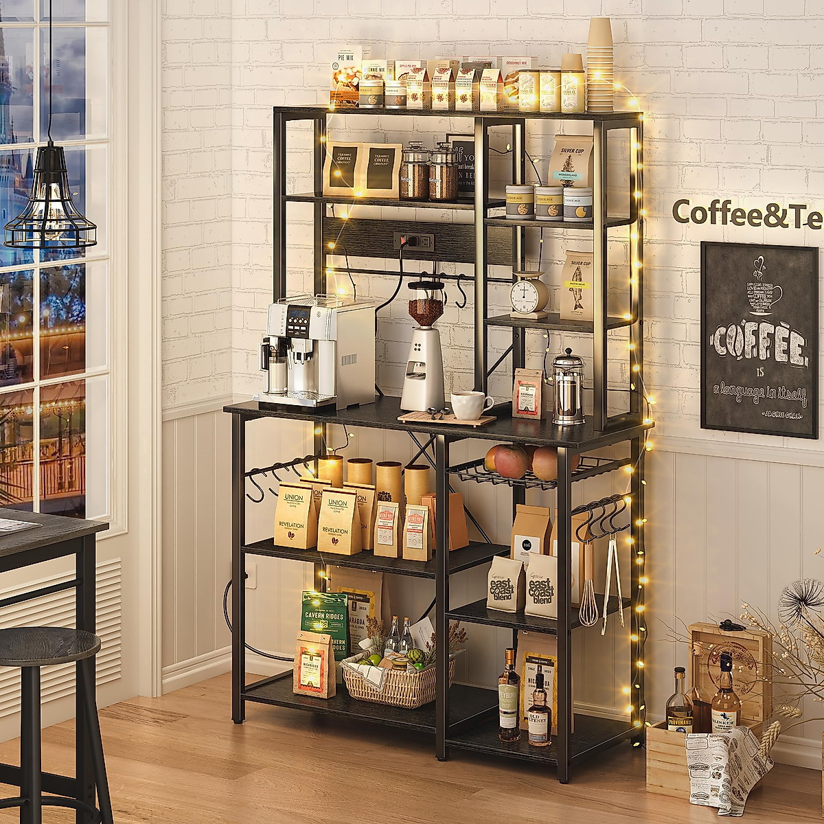 SUPERJARE Large Bakers Rack with Power Outlets, 6-Tier Microwave Stand, Coffee Bar with 12 S-Shaped Hooks, Kitchen Shelf with Wire Basket, 39.3 x 15.5 x 66.9 Inches, Black