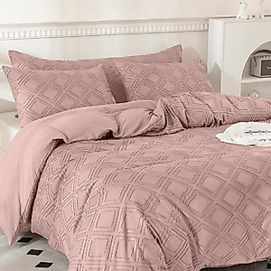 JELLYMONI Pink Duvet Cover King Size - Microfiber Tufted Duvet Cover Set, Boho Textured Duvet Cover Jacquard Rhombus Geometric Pattern Duvet Cover with Corner Ties & Zipper Closure