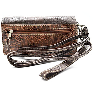 Western Feather Tooled Leather Floral Laser Cut Flower Purse Studs Single Shoulder Bag Clutch Women Trifold Wristlets Wallet (Coffee)