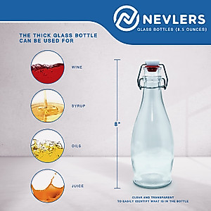 Nevlers 12pcs 8.5 Oz. Glass Bottle Set with Swing Top Stoppers, Bottle Brush, Funnel & Gold Marker - Clear Beverage Bottles for Water, Wine, Juices, Infused Oils