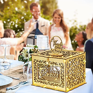 Gold Wedding Card Box with Lock and LED Fairy Lights, Glittery Wooden Gift Card Boxes Money Box Holder For Wedding Reception, Bridal Shower, Rustic Graduation Party, Keepsake Party Favor, Anniversary