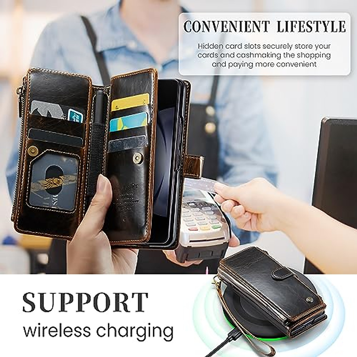 CaseMe for Samsung Galaxy Z Fold 5 Case with S Pen Holder, Z Fold 5 Wallet Case with Card Holder for Women Men, RFID Blocking Kickstand Zipper Shockproof Phone Case for Galaxy Fold 5, Luxury Coffee