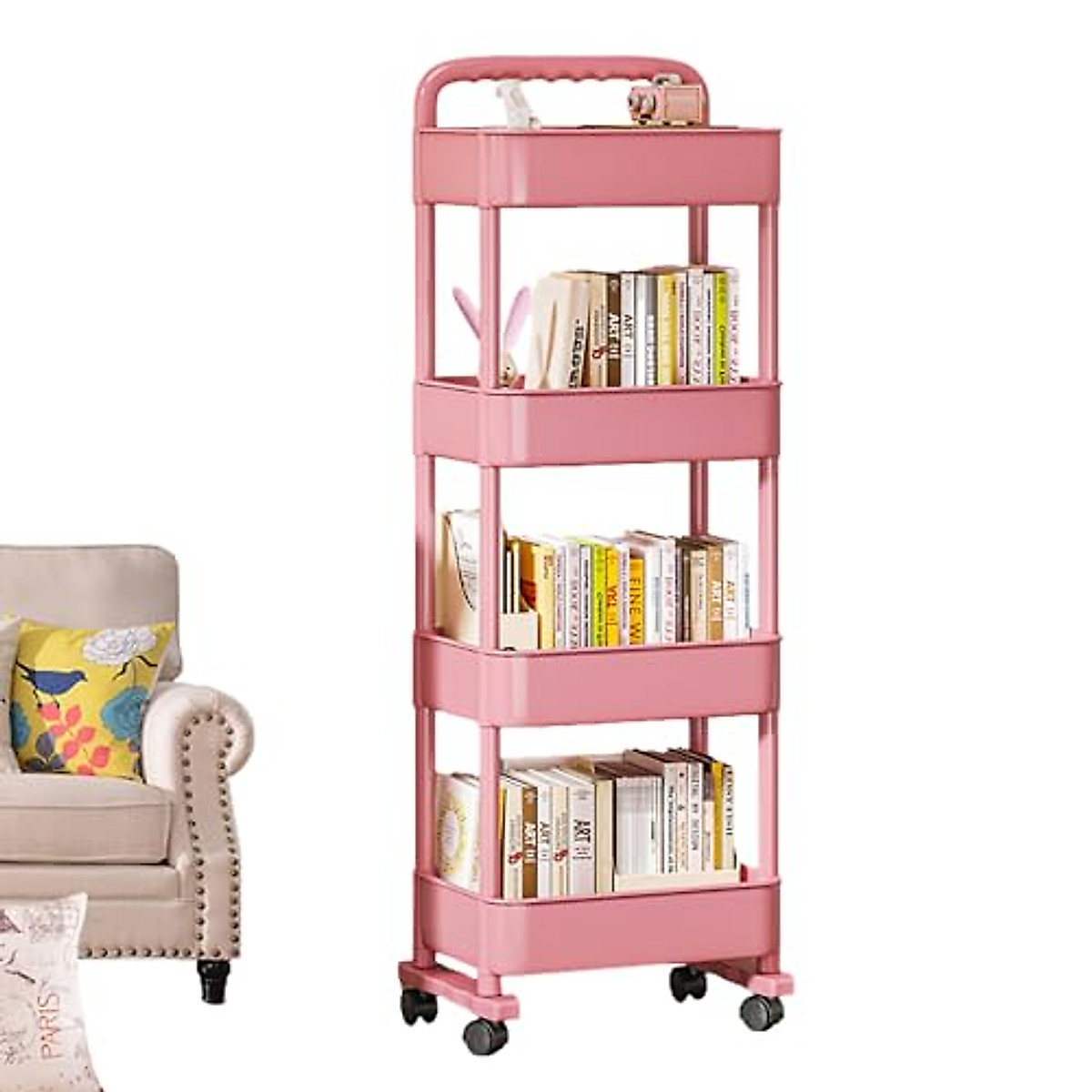 Movable Bookshelf Cart, Movable Storage Book Shelves, Movable Book Rack, Compact Bookshelf on Wheels, Reusable Rolling Storage Cart Movable Bookshelf for Kitchen, Bedroom, Living Room & Laundry Room
