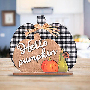 IDATOO Fall Decoration Signs, Hello Pumpkin Fall Décor for Fireplace and Tabletop Centerpiece - Cozy Wooden Rustic Buffalo Plaid Design for Halloween, Thanksgiving, and Autumn Holiday Indoor