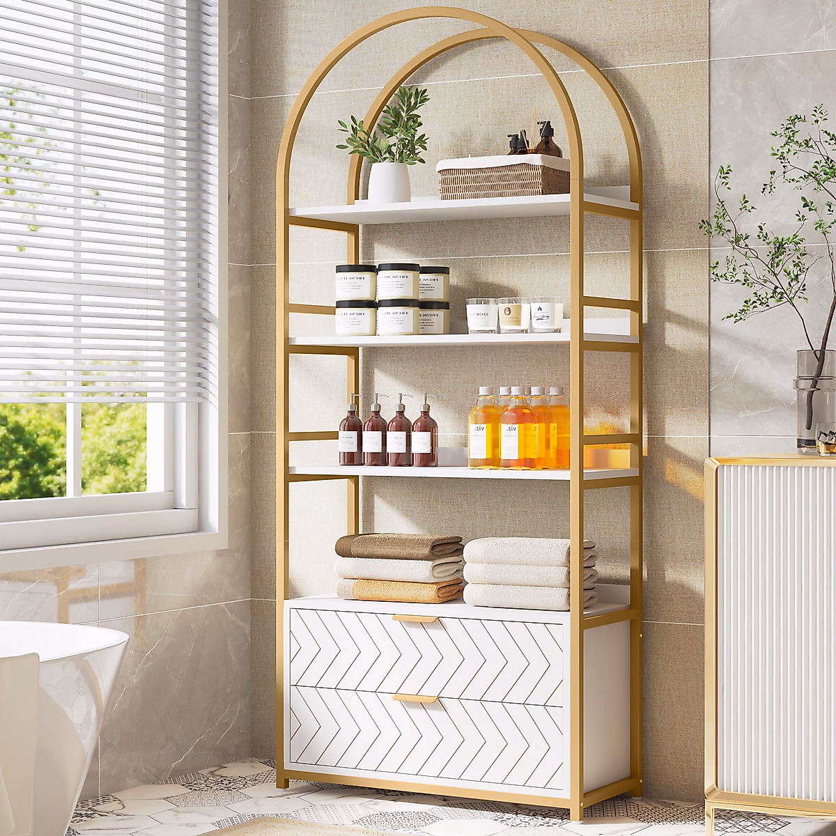 Tribesigns 4-Tier Bookshelf with 2 Drawers, 74.80”H Tall Bookcase 4 Display Shelf Small Place, Free Standing Multipurpose Storage Rack Etagere Book Shelves Tower, Home Office, White, Gold