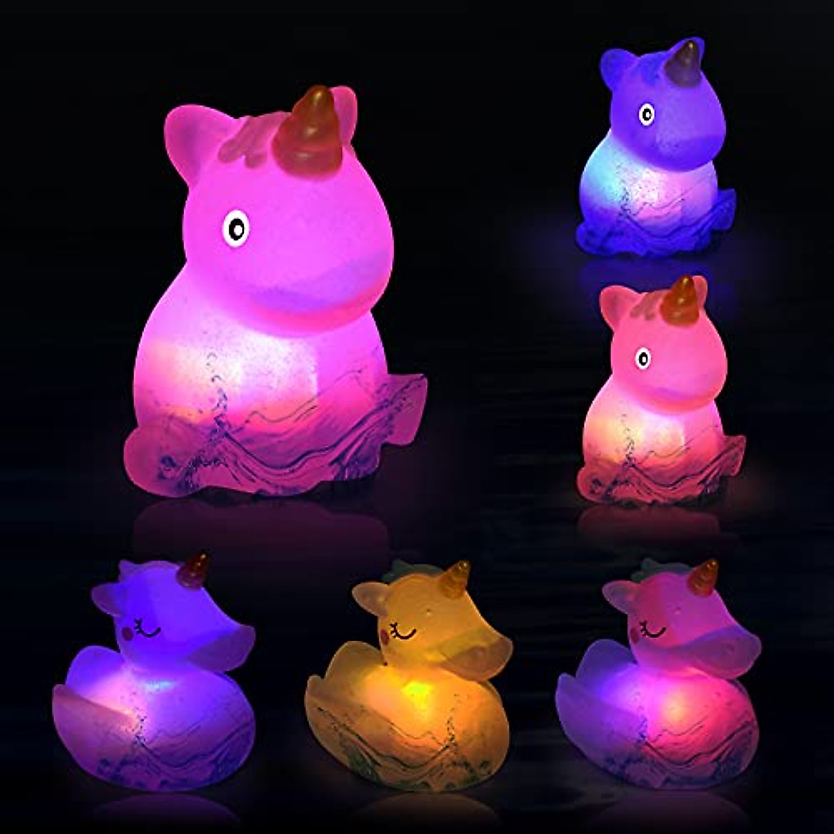 Light Up Unicorn Floating Bathtub Toys Animal Flashing Bath Toy Unicorn Glitter Water Toy for Kids Cake Decoration Bathroom Shower Games Swimming Pool Party Favors 6pcs Set