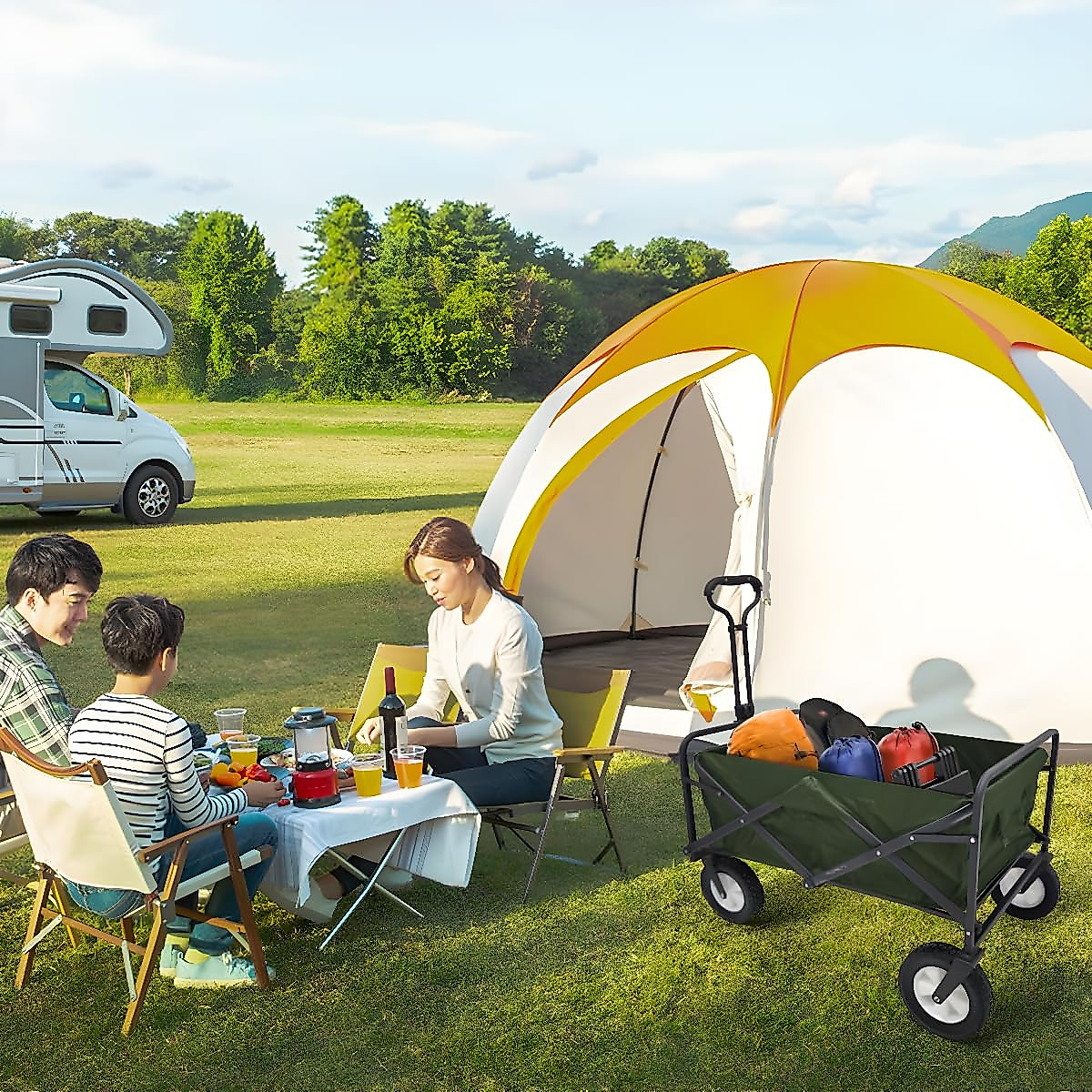 Lifetime Home Collapsible Foldable Heavy Duty Utility Wagon Cart with Larger Capacity - Perfect for Shopping, Sports Events, Grocery, Moving, Camping, Laundry, Beach - GREEN