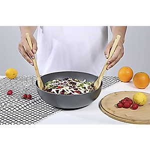 Webbylee Large Salad Serving Bowls with Tongs, Mixing Bowl with Servers with Nature Bamboo Lid Spoon and Fork for Salads, Fruits and Vegetables, Dishwasher Safe, BPA free (Dark grey)
