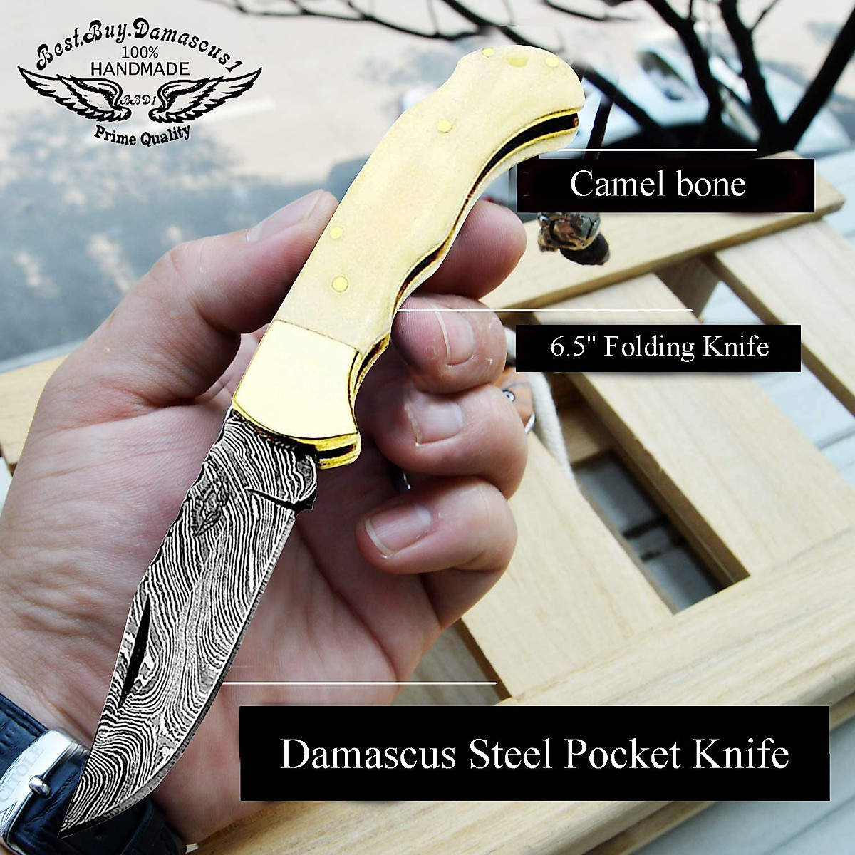 Best.Buy.Damascus1 Damascus knife - Pocket Folding Knife - Blue Wood Handel - damascus Knife - Damascus Pocket knife - Knife for Men - Knives - Good For Camping Hunting knife men - Mens Gift (Camel)