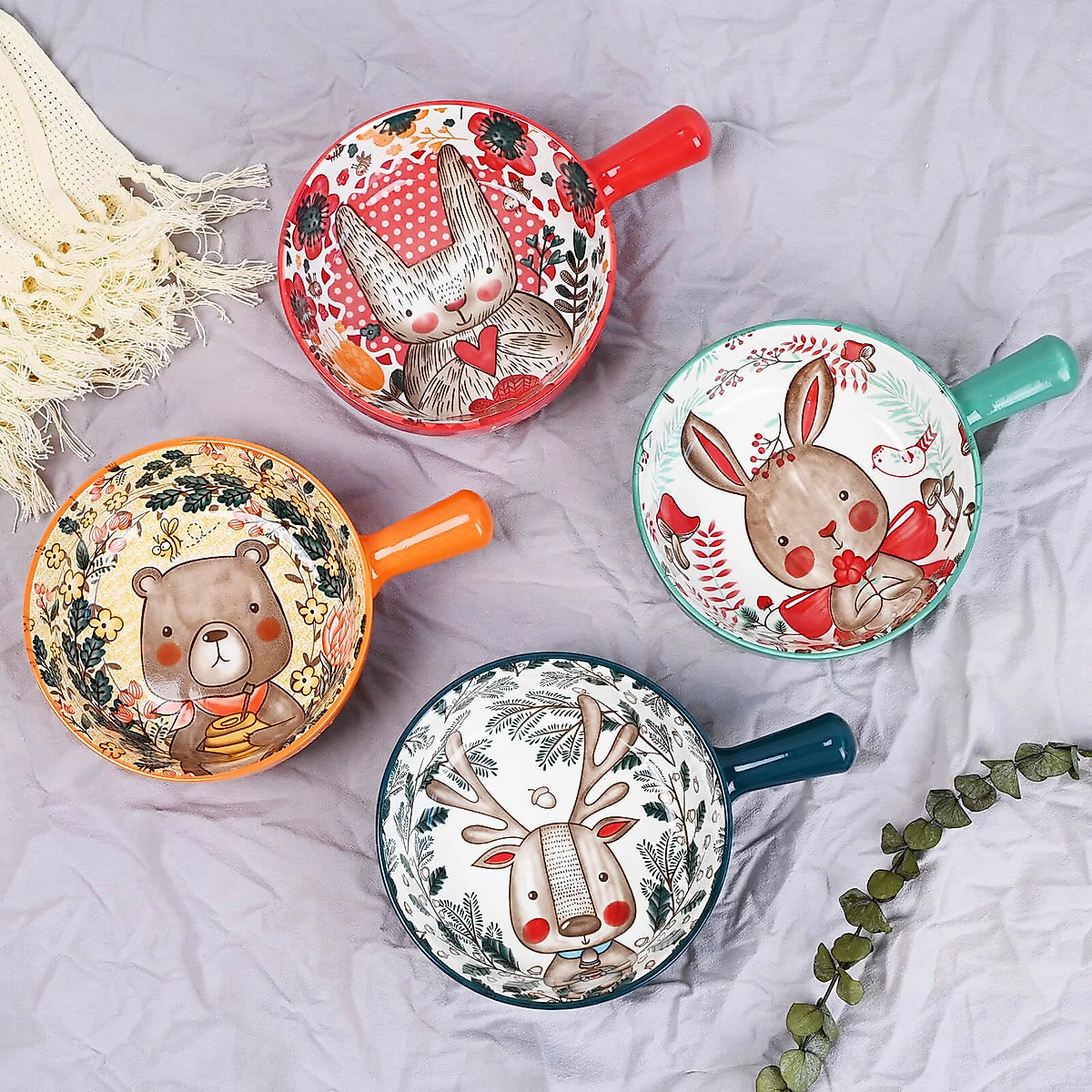 AzjioLi Soup Bowls with Handles - 20oz French Onion Soup Bowls,Soup Crocks Oven Safe,Ceramic Soup Bowls for Salad Pasta Cereal,Cute Cartoon Bowls Microwave Safe(Red Rabbit)