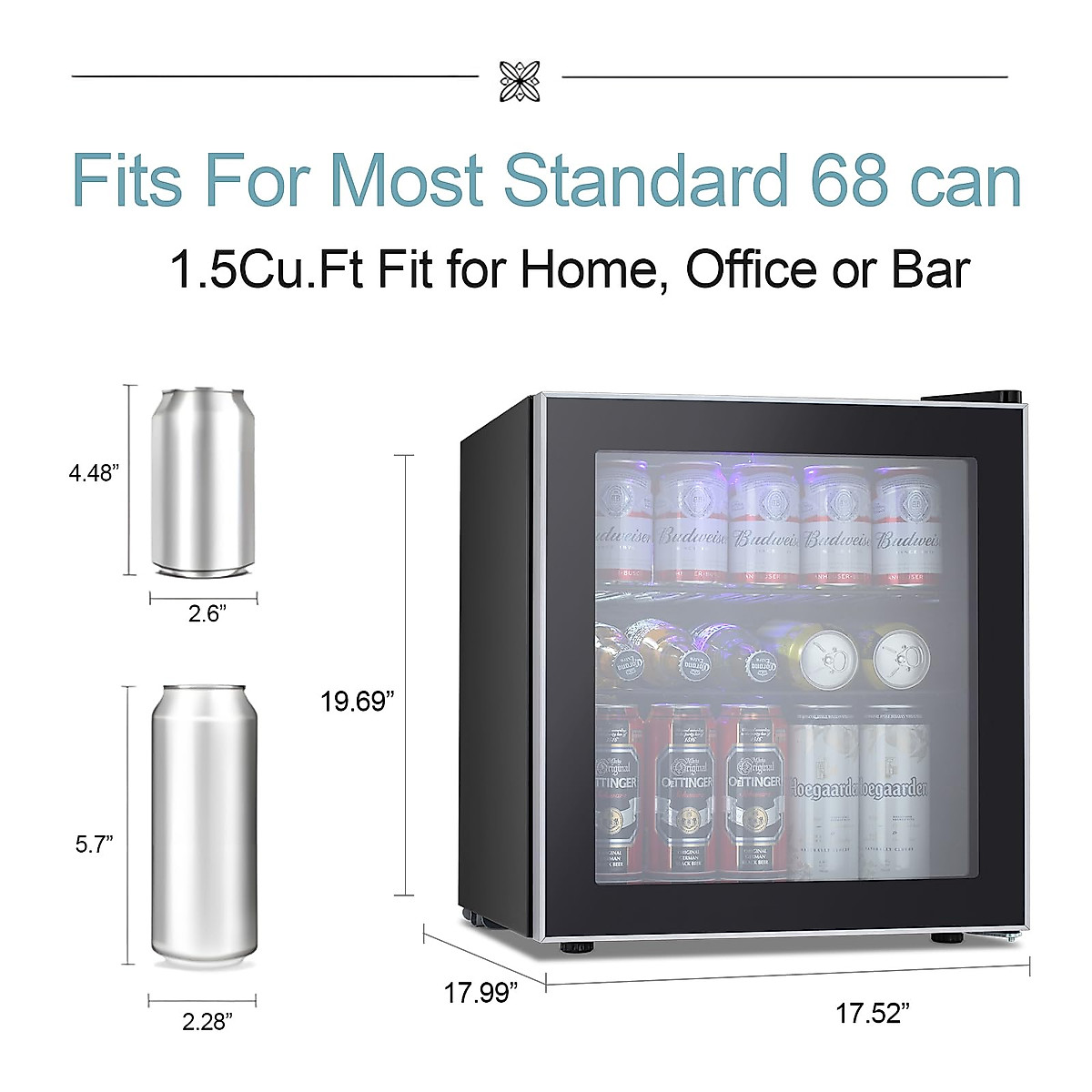 Antarctic Star Mini Fridge Cooler 68 Can Beverage Refrigerator Glass Door for Beer Soda Wine Small Drink Dispenser Clear Front Door Removable for Home, Office or Bar, 1.5cu.ft., Silver