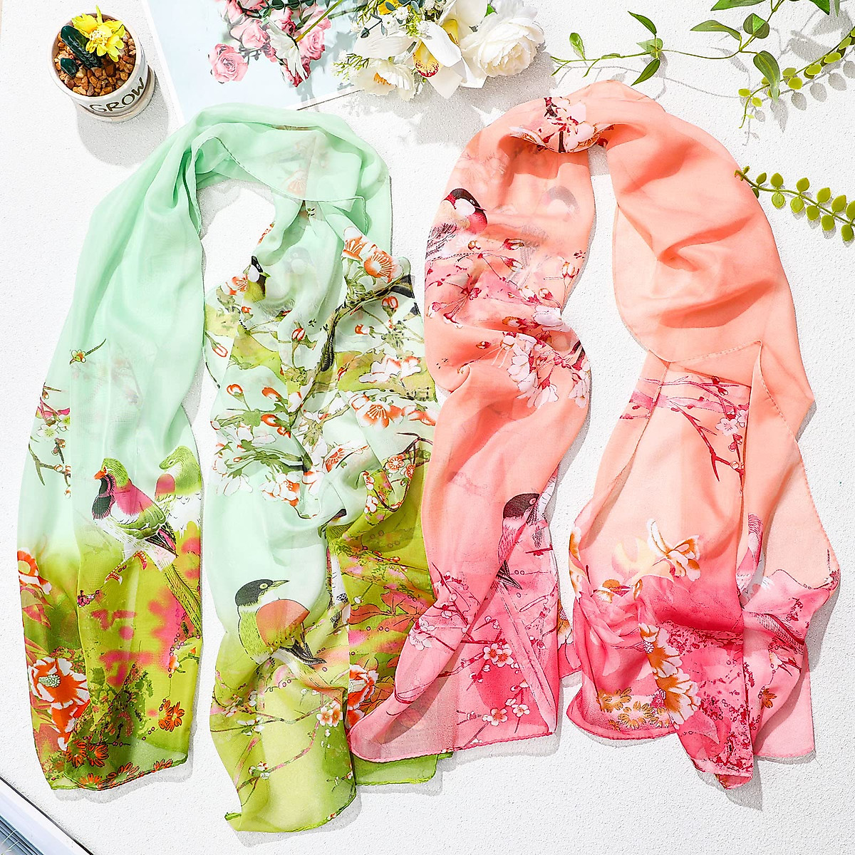 Sureio 6 Pcs Scarves for Women Lightweight Summer Floral Print Pattern Scarf for Women Dressy Long Thin Scarf Shawl(Pretty Style)