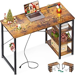 AODK Laptop Desk Small Desk, 40 Inch Computer Desk with Power Outlet and USB & Type-C Charging Port, Writing Desk with 3-Tier Reversible Storage Shelf for Home Office, 40'' x 16'', Rustic Brown