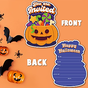 Deluxe Halloween or Costume Party Invitations, 25 Shape Fill-in Cards with Envelopes, Pumpkin, Ghost, Monster, Cute Trick or Treat, Box or Treat for Kids Birthday or Adult party - 4"X6" (JRM373)