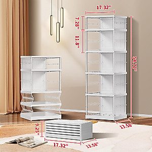 EHAMILY 5-Tier 5Grids Folding Storage Box with Doors Clear Plastic Collapsible Storage Bins with Lids Easy to Assemble Foldable Storage Cabinets with Wheels Large Stackable Closet Organizer White