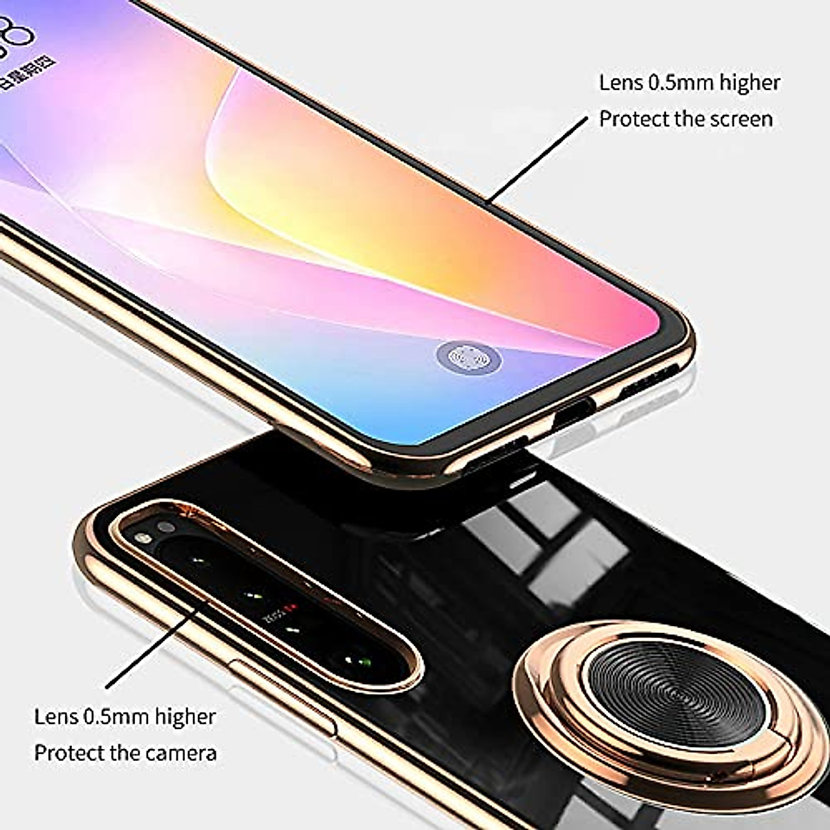 Coqibel Phone Case for Sony Xperia 1 III 5G [ 360° Ring Kickstand Fit Magnetic Car Mount ], Slim Soft TPU Case [ Electroplating Technology ] Cover with Fit Protection - Black