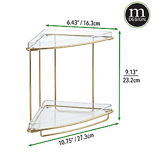 mDesign Steel/Plastic Freestanding Countertop Corner Shelf Organizer with 2-Tier Storage for Bathroom, Vanity, Cabinet, Counter - Holds Makeup, Bath Gel - Prism Collection - 2 Pack - Clear/Soft Brass
