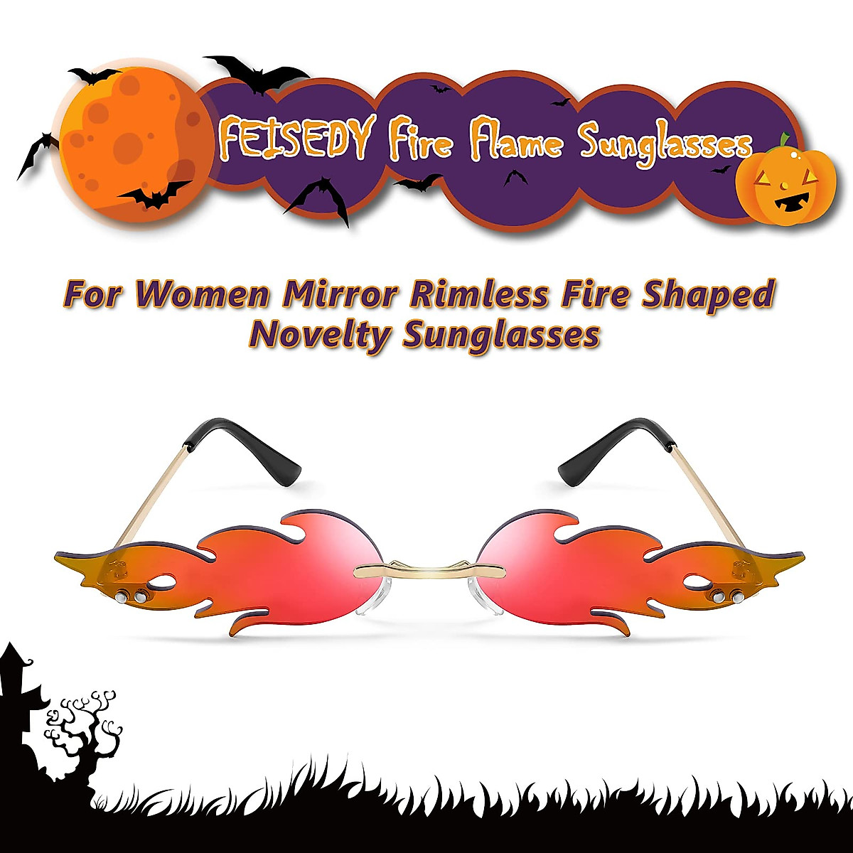FEISEDY Fire Flame Sunglasses for Women Mirror Rimless Fire Shaped Novelty Sunglasses B2839