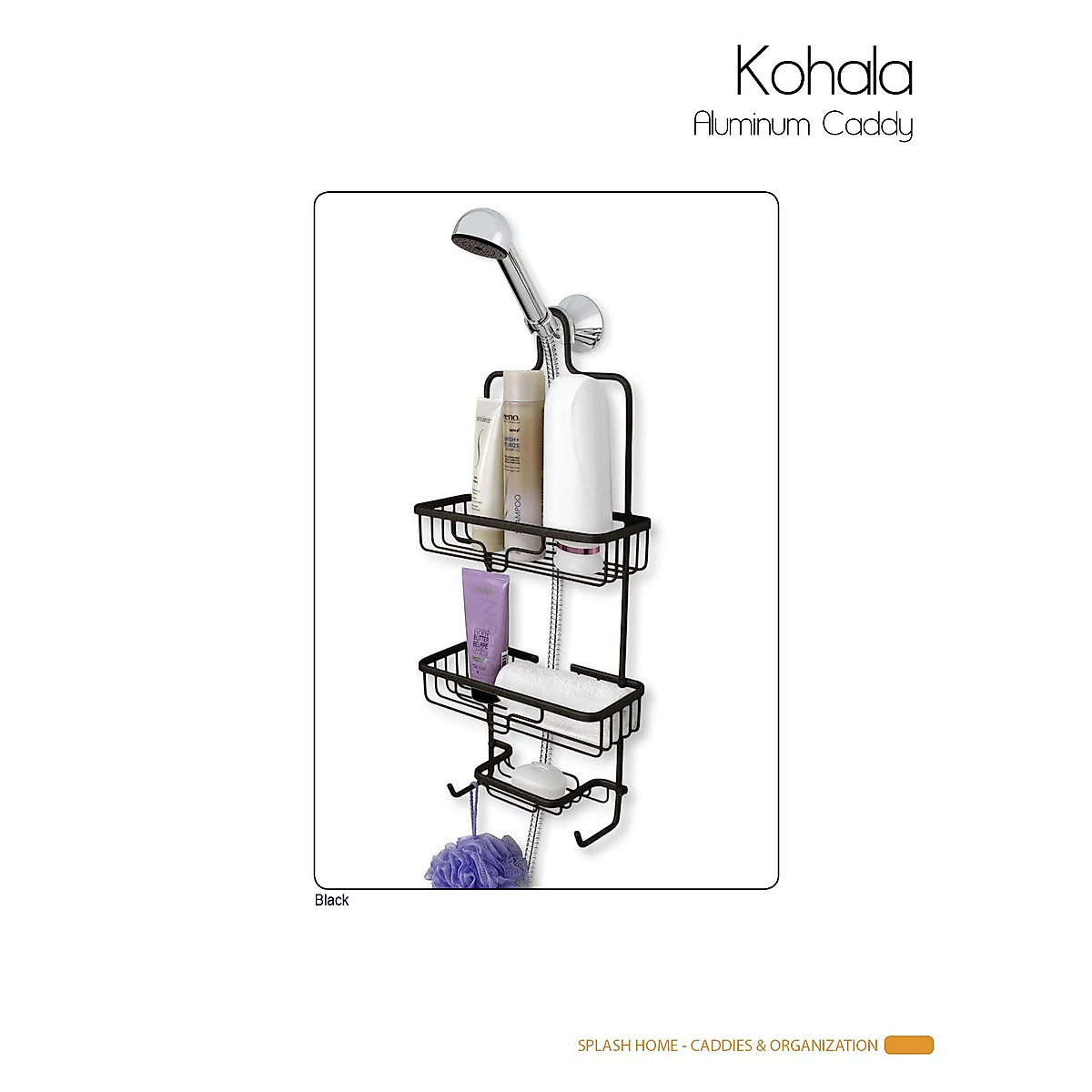 Splash Home Aluminum Kohala Bathroom Hanging Head Two Basket Organizers Plus Dish Shower Caddy, 24 x 5 x 11 Inches, Matte Black