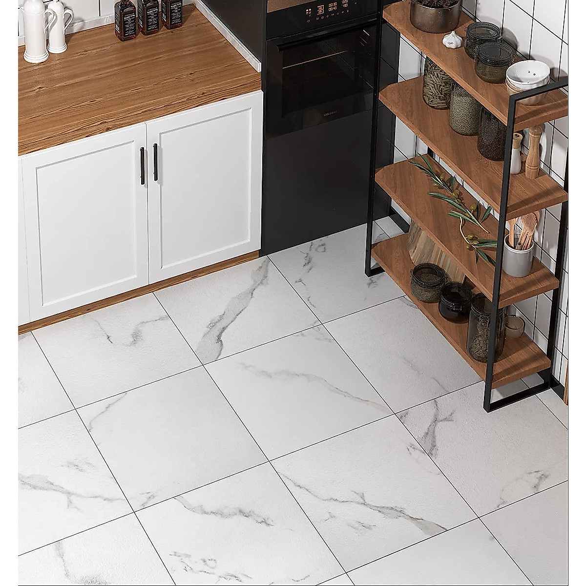 FunStick White Peel and Stick Flooring Tiles Waterproof 12 x 12 Inch 15 Pack Removable Marble Vinyl Flooring Peel and Stick Floor Tile Bathroom Floor Vinyl Sticker Tiles for Kitchen Bedroom Flooring