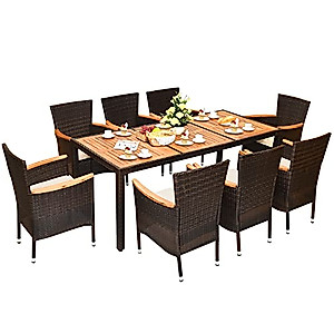 GLACER 9 Pieces Outdoor Patio Dining Set, 75" Large Acacia Wood Wicker Dining Table & Stackable Cushioned Chair Set, Rattan Dining Furniture Set for Backyard, Garden, Poolside, Patio Dining Set for 8