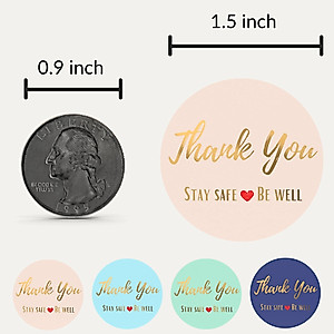 Mobiusea Party Thank You Stickers Roll | Stay Safe and Be Well | 1.5 inch | Waterproof | 500 Labels for Small Business, Packaging, Mailer Seal Stickers |4 Pastel Colors with Gold Foil Designs