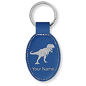LaserGram Oval Keychain, Tyrannosaurus Rex Dinosaur, Personalized Engraving Included (Dark Blue)