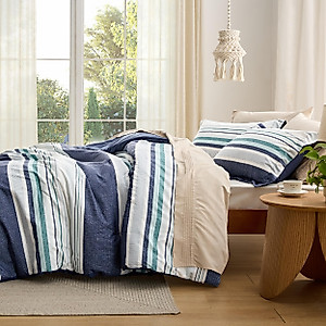 Bedsure Comforter Set Queen Size - Striped Bedding Comforter Set for Boys, 3 Pieces, 1 Soft Reversible Blue Comforter and 2 Pillow Shams