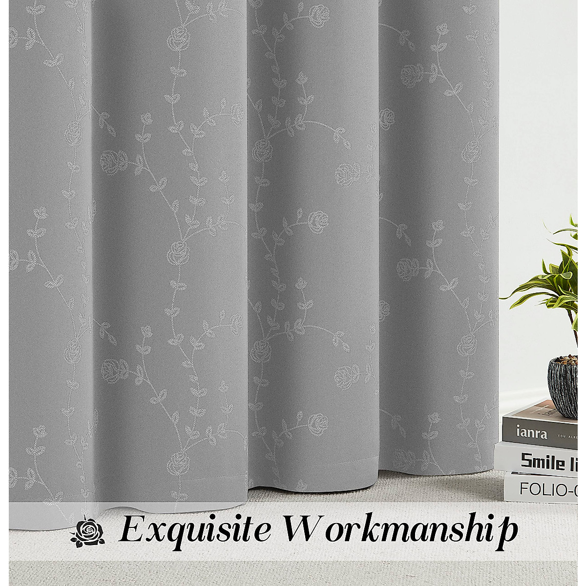 Fragrantex Grey Rose Blackout Curtains Set 84 Inch Length for Bedroom 2 Panels, Thermal Insulated Floral Print Patterned Decorative Room Darkening Living Room Drapes Grommet Top, 52" x 84"