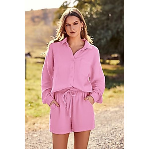 PRETTYGARDEN Women's 2 Piece Tracksuit Outfit Long Sleeve Blouse High Waisted Drawstring Shorts Loungewear Set (Pink,Medium)
