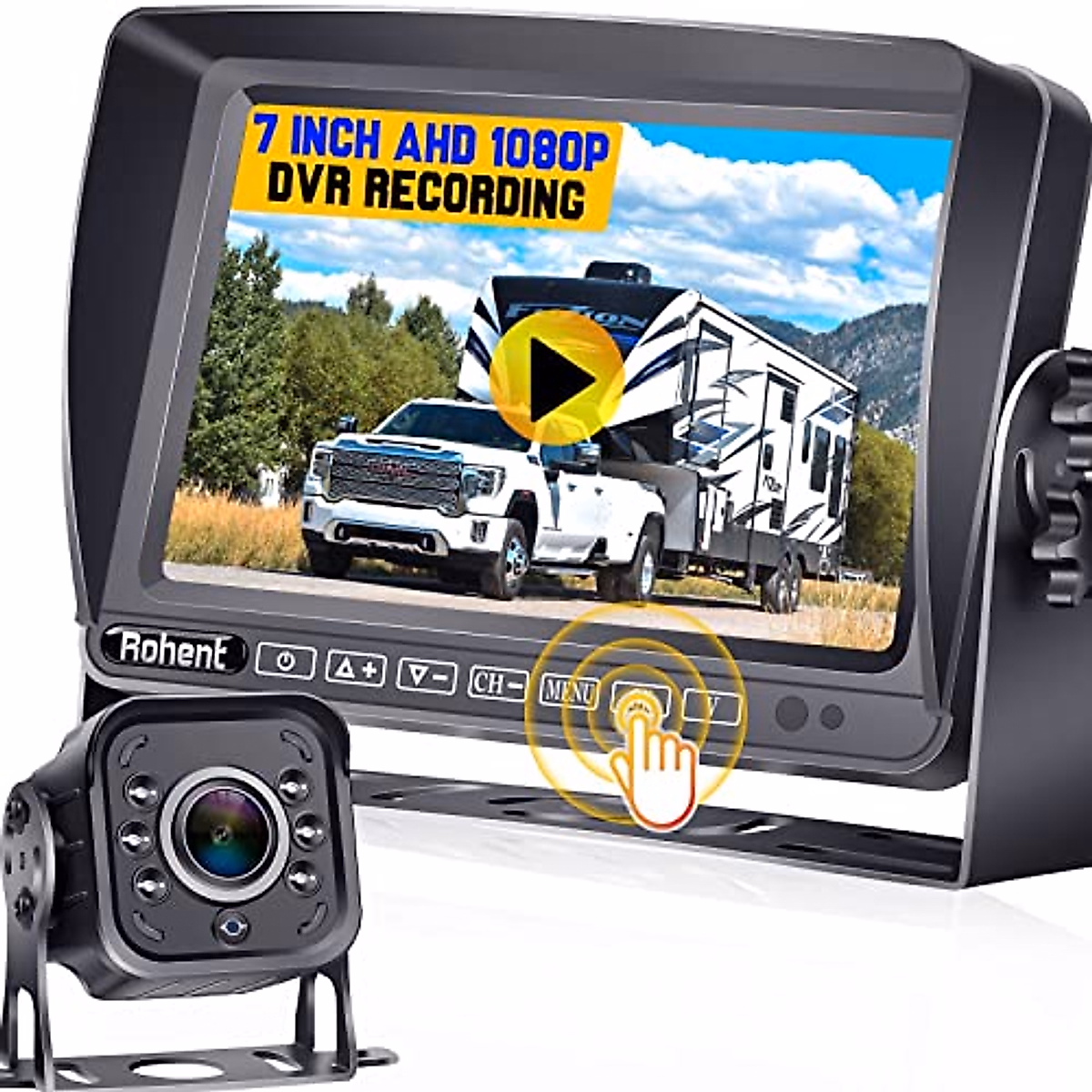 Rohent RV Backup Camera Wired HD 1080P 7 Inch Monitor DVR Recording Touch Button Split Screen Two Channels Rear View Reverse Cam System Waterproof Infrared for Car Truck Travel Trailer Camper N04