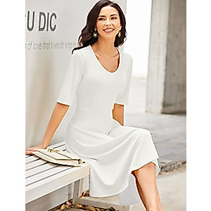 ELESOL Women's A-Line Dress Floral Print Knee Long Tea Dress,White/XL