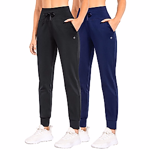 BALEAF Women's Fleece Lined Pants High Waisted Sweatpants Winter Thermal Leggings Ski Hiking Joggers 2 Pack Black/Blue M