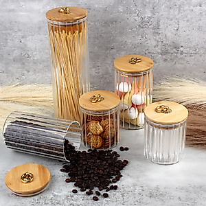 Glass Storage Jars Set of 5, Decorative Coffee Bar Container with Airtight Bamboo Lid Metal Ring for Home Kitchen Storing Candy, Cookie, Pasta, Nuts, Oatmeal and Bathroom Salt