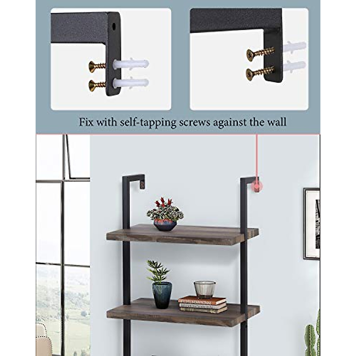 Bookshelf 4-Tier Wall Mount Ladder Storage Industrial Bookcase Shelf Modern Wood Book Shelf Unit with Metal Frame for Home Office Living Room