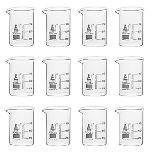 EISCO 12PK Beakers, 100ml - Low Form with Spout - White, 25ml Graduations - Borosilicate 3.3 Glass