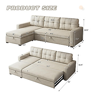 Acosure L-Shape Upholstered Sectional Sofa with Storage Chaise & Pull,Convertible Couch W/ 3 Back Cushions,Reversible Sleeper for Living Room Office Apartment,Beige