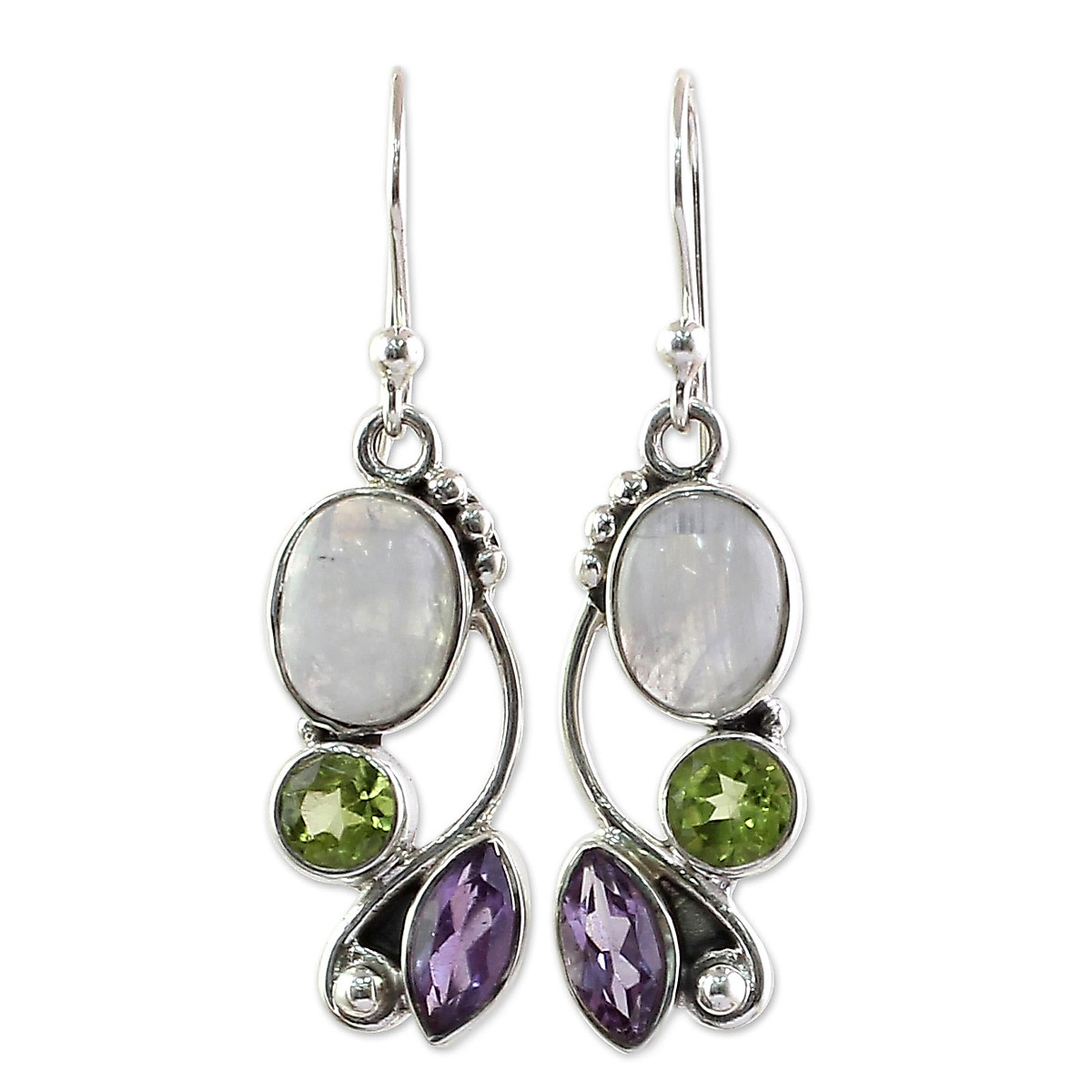 NOVICA Artisan Handcrafted Multigemstone Dangle Earrings | .925 Sterling Silver Handmade Dangle Earrings | Rainbow Moonstone Clear Green Multicolor Purple Dangle Earring | Natural Glamour Themed
