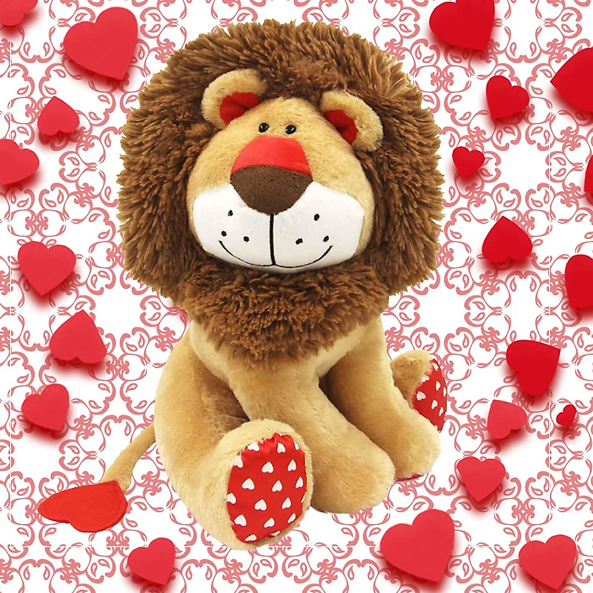 WEIGEDU Love Lion Stuffed Animal, King Lion Plush Toy with Mane Heart Shape Tail for Kids Baby Lover Birthday Valentines Day Christmas Bedtime Gift, 13.8“