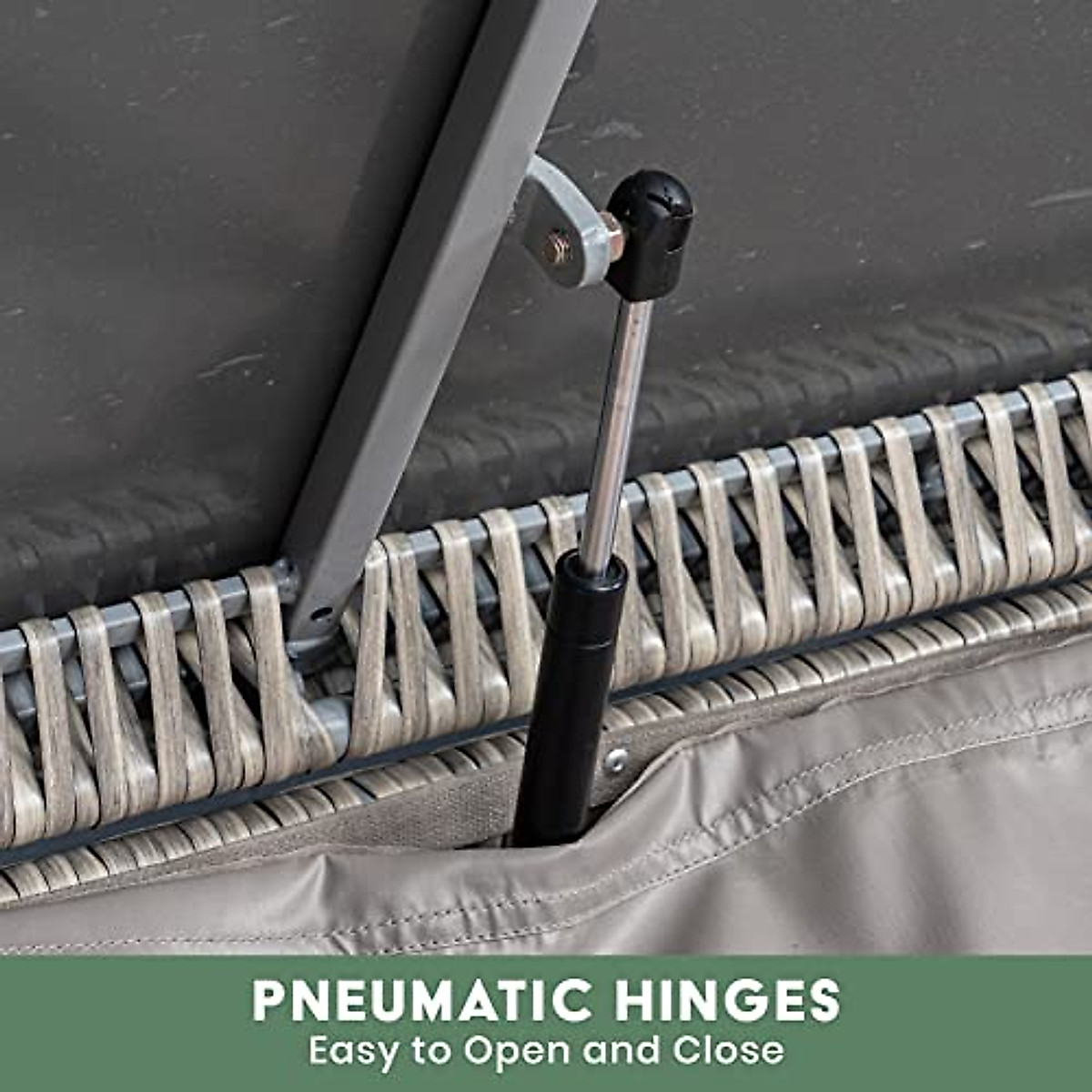 Royal Garden 230 Gal Extra Large Wicker Furniture Deck Storage Box for Indoor Outdoor Use, Storage for Cushions, Pillows, Patio, and Pool Accessories w/ Pneumatic Hinges and Internal Liner (Gray)