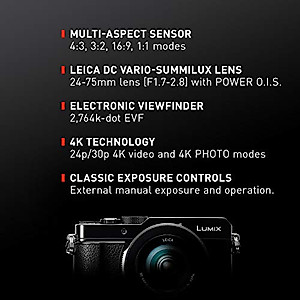 Panasonic Lumix LX100 II Large Four Thirds 21.7 MP Multi Aspect Sensor 24-75mm Leica DC VARIO-SUMMILUX F1.7-2.8 Lens Wi-Fi and Bluetooth Camera with 3" LCD, Black (DC-LX100M2)
