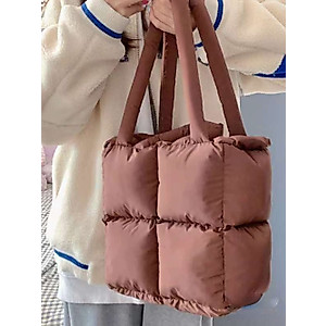 Puffer Tote Bag Women's Glossy Quilted Zipper Closure Puffy Tote Bag Down Padded Shoulder Bag Cute Handbag Aesthetic Handbag (Z-Brown)