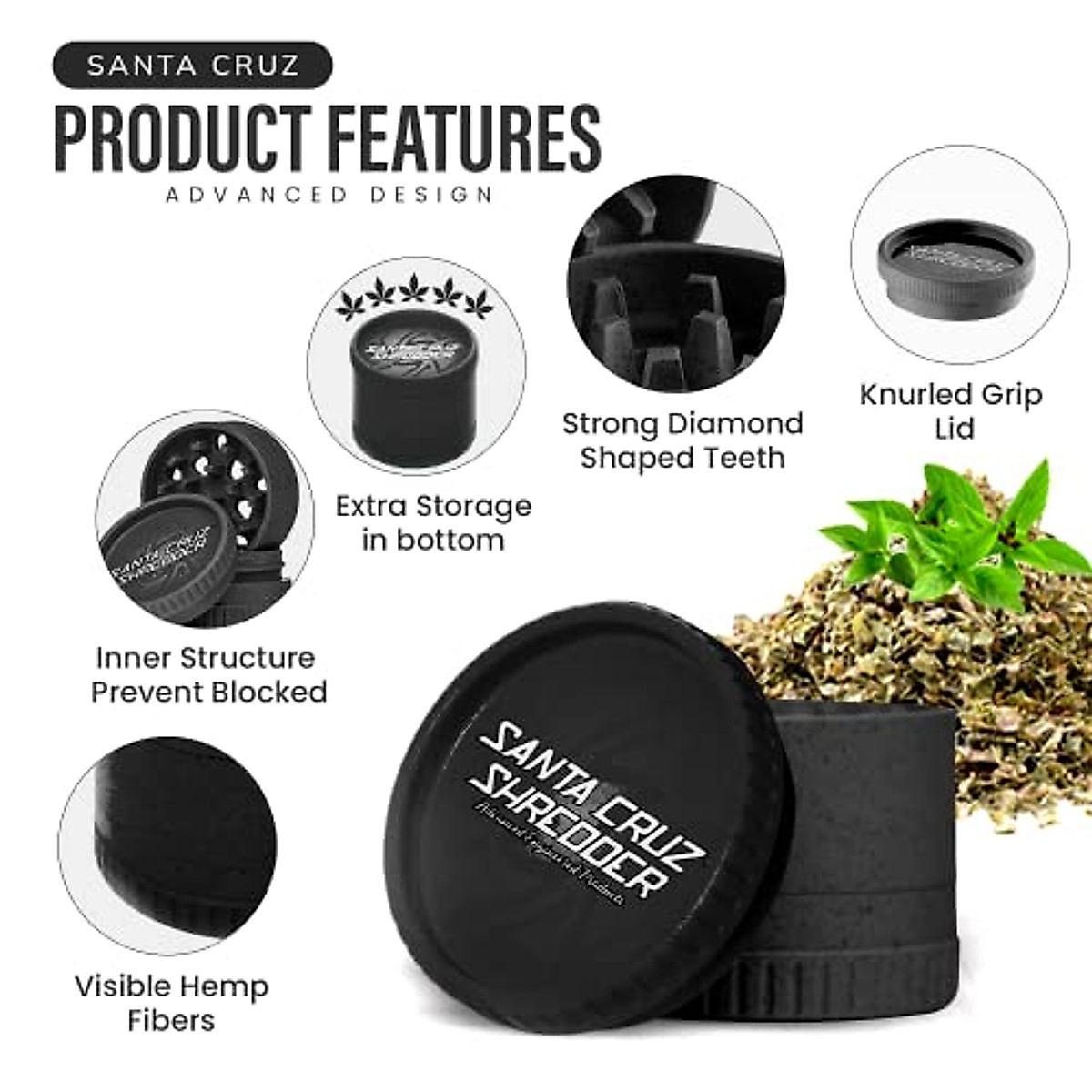 Santa Cruz Shredder Hemp Grinder for Herbs Knurled Top for Stronger Grip 3-Piece 2.2" (Black)