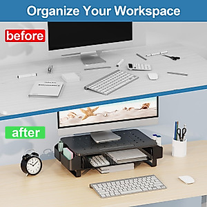 Zimilar Monitor Stand Riser with Drawer, Monitor Riser with Side Storage Pockets for Desk, Metal Monitor Stand for Laptop, PC Screen, Printer, iMac, Computer Monitor Stand for Home Office