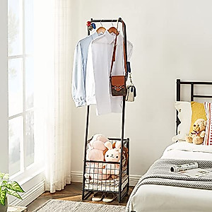 VECELO Metal Coat Rack Stand with Anti-Drop Design, Space Saving Hall Trees with Steel Basket,Small Garment Organizer with 2 Handy Cloth Rails and Slipper Space, Rectangle, Rustic Brown