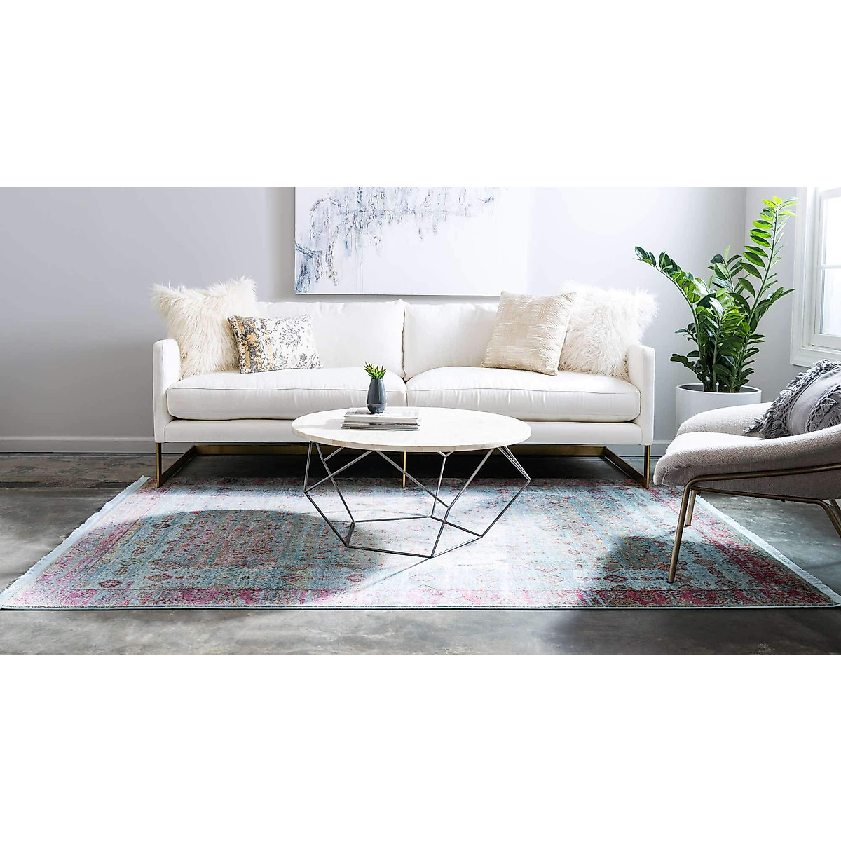 Unique Loom Baracoa Collection Bright Tones Border Vintage Traditional Area Rug, Rectangular 5' 5" x 8' 0", Blue/Pink