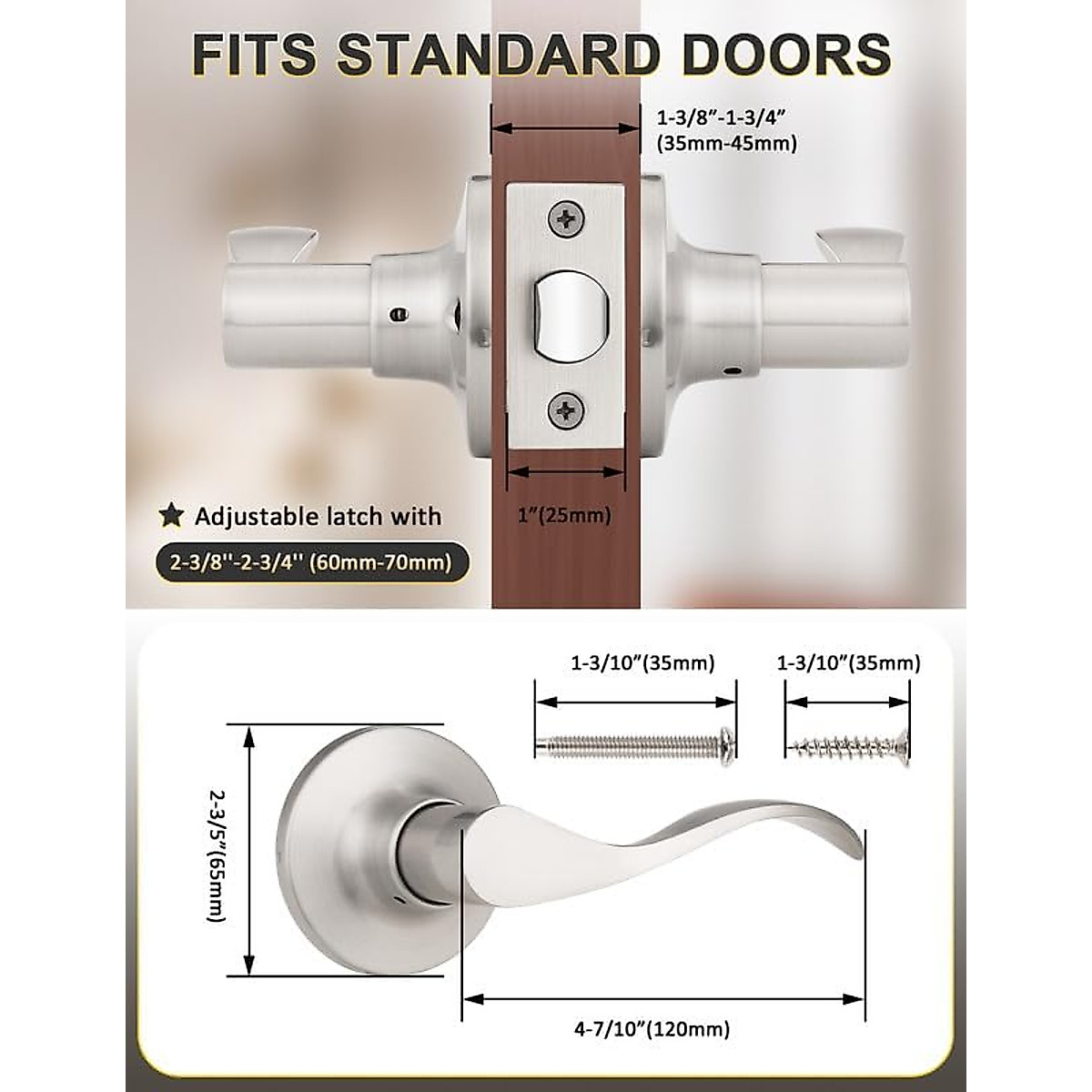 Mengico 1 Pack Satin Nickel Modern Interior Passage Door Knobs, Keyless Door Handle for Hallway & Closet, Wave Style Non-Locking Door Lever Reversible for Left & Right Handed